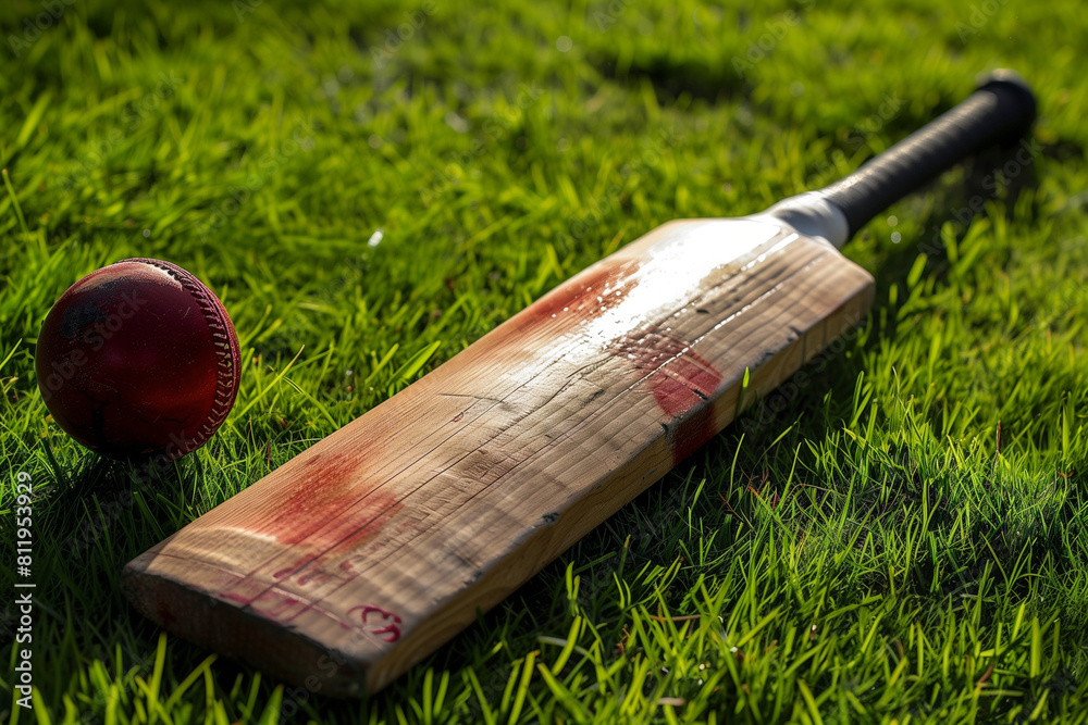 Cricket ball and cricket bat on green grass of cricket ground. A wooden ...