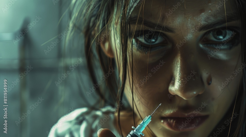 A young woman caught in the grips of addiction wields a syringe a ...