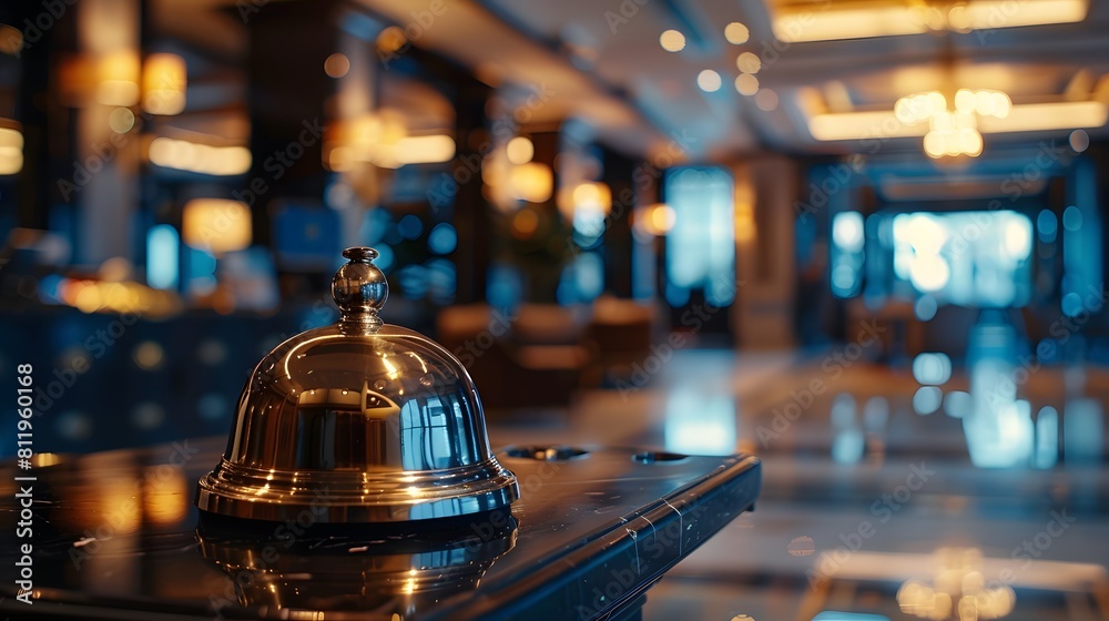 A bell on a reception desk in a luxury hotel, with a blurry background ...