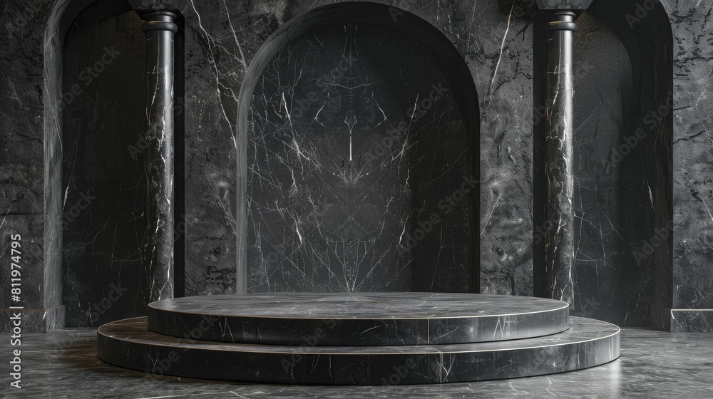 Gothic Black Marble Podium, front view focus, with a Dark Castle ...