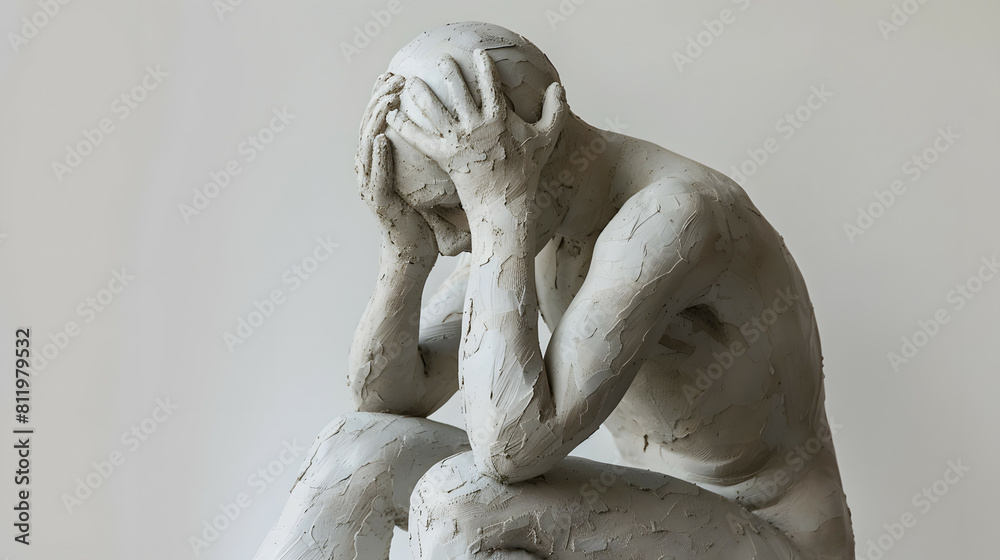 sculpture clay sitting while holding hand on the head, emotional ...