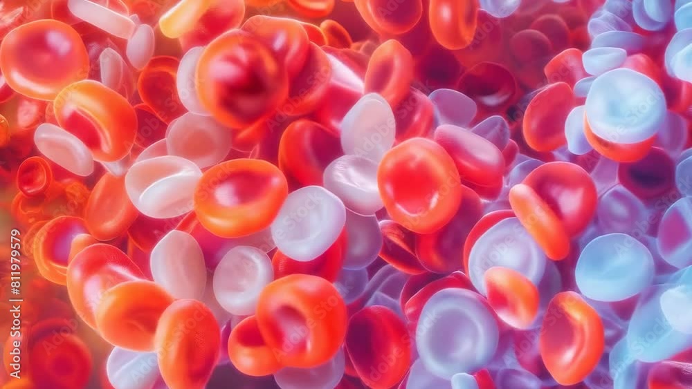 Red, white blood cells dynamically cascade through bloodstream, vividly ...