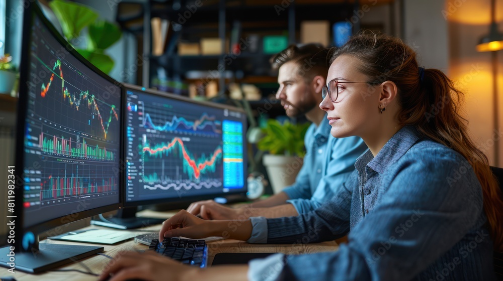 Data Analysis Team: Professional Male and Female Statisticians Analyzing Graphics on Multi ...