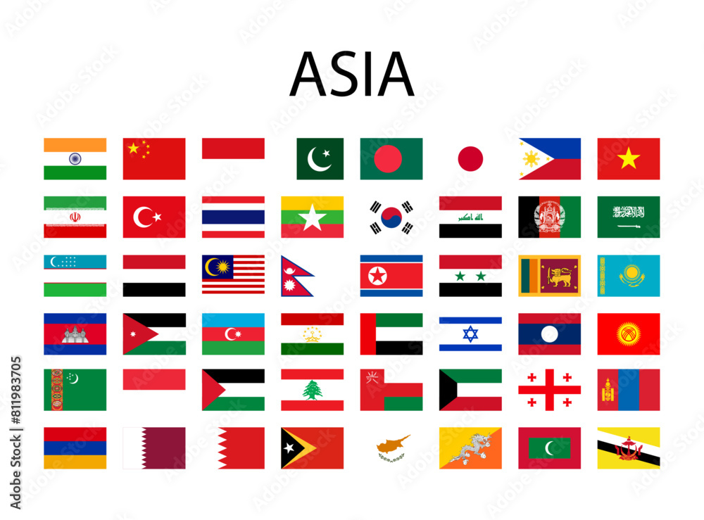 Flags of Asian countries. 48 countries with their capital city on the ...