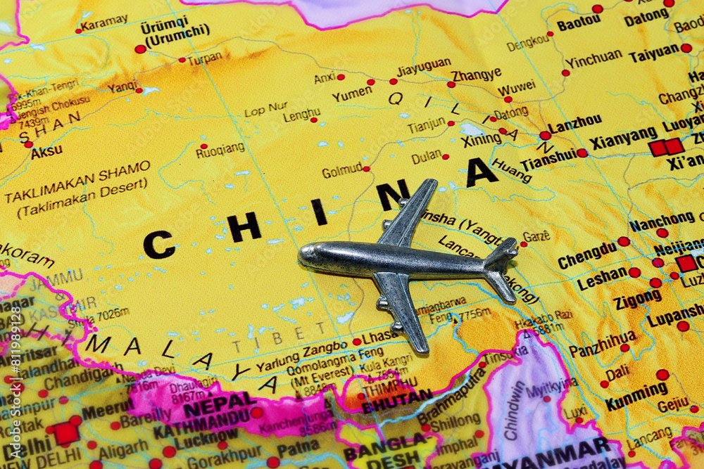China map and airplane. China on the World Map with regions and cities ...