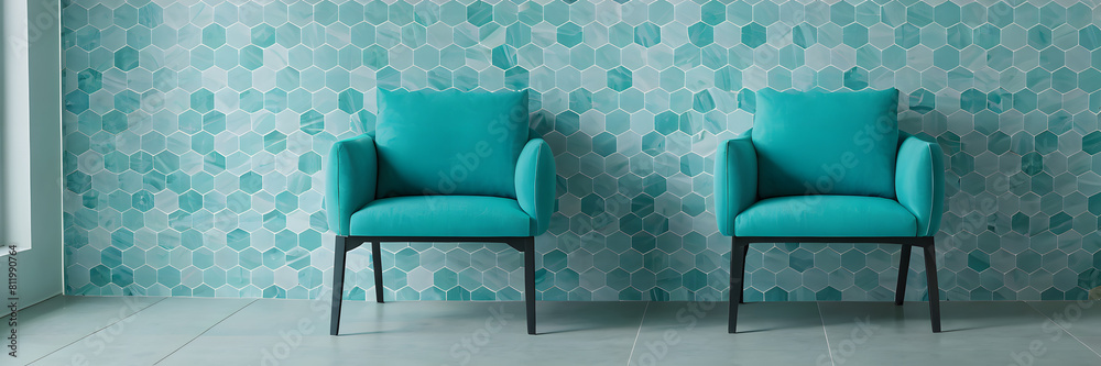 Modern interior of living room with grey sofa and cyan chairs on empty ...