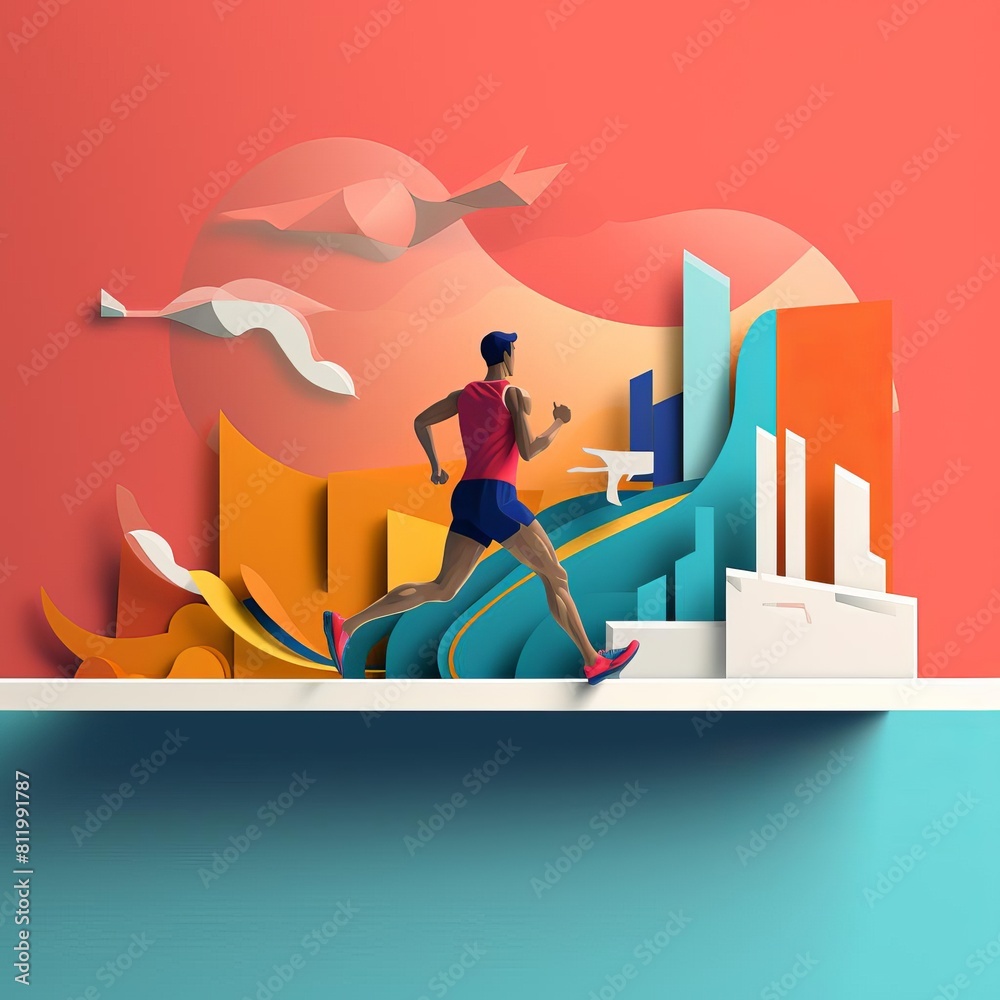 Design a flat design depiction of running in side view with a marathon theme in 3D render using ...