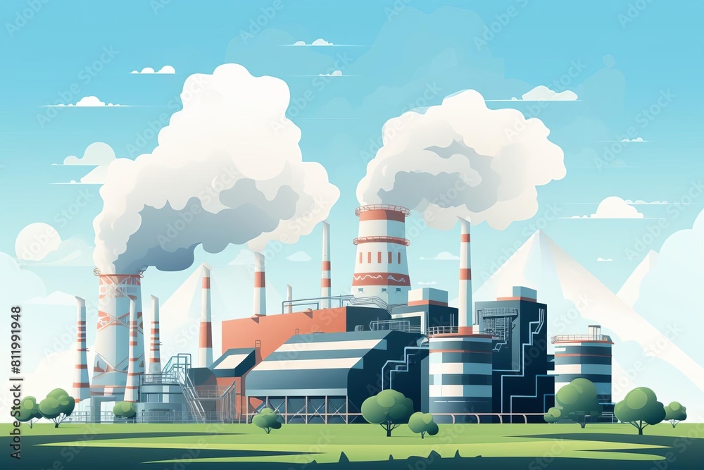 Generate a flat design concept of a power plant operation in side view ...