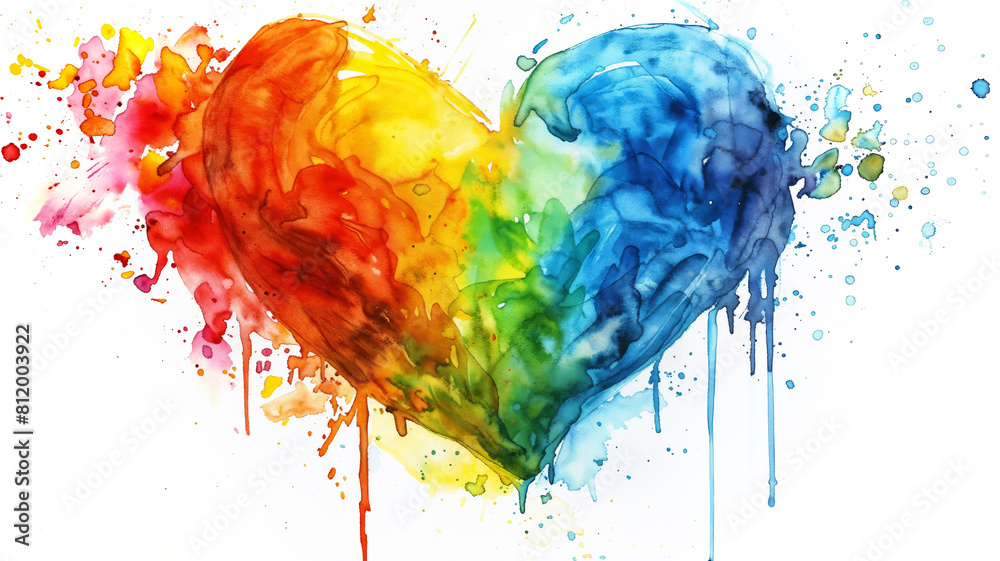 Vibrant watercolor painting of a rainbow heart with dripping paint and ...