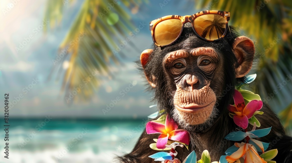 Summer background, Cool monkey with hawaiian costume tropical palm and ...