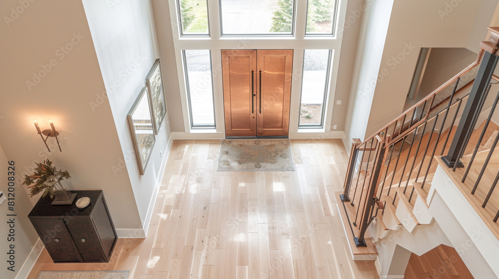 Bird's-eye view of a modern entrance featuring a copper staircase large ...