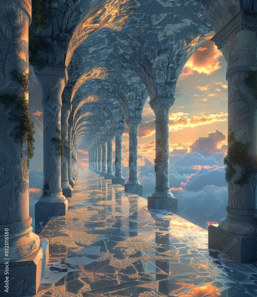 Surreal skywalk with marble columns and reflective floor Stock ...