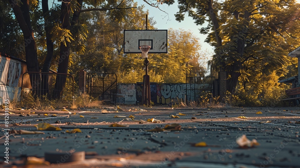 basketball hoop standing proudly amidst the cracked pavement. A small ...
