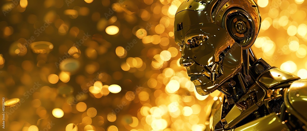 A golden robot head stands in front of many blurred light brown gold ...