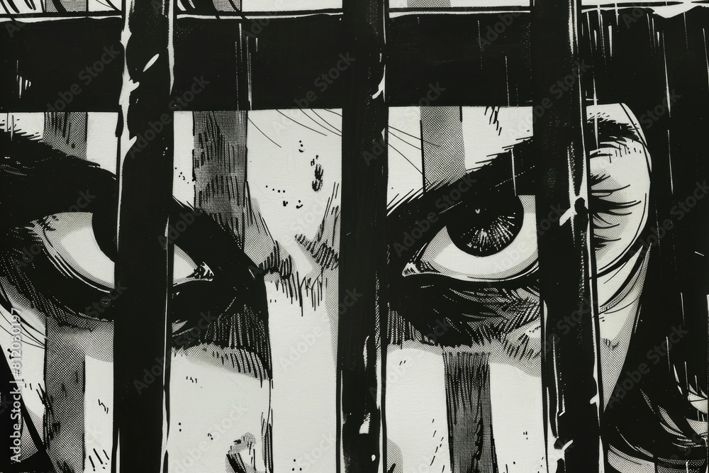 Black and white drawing of a woman's eyes behind bars. Suitable for ...