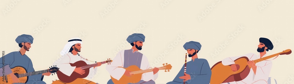 A group of men playing instruments, one of which is a guitar,Eid-al ...