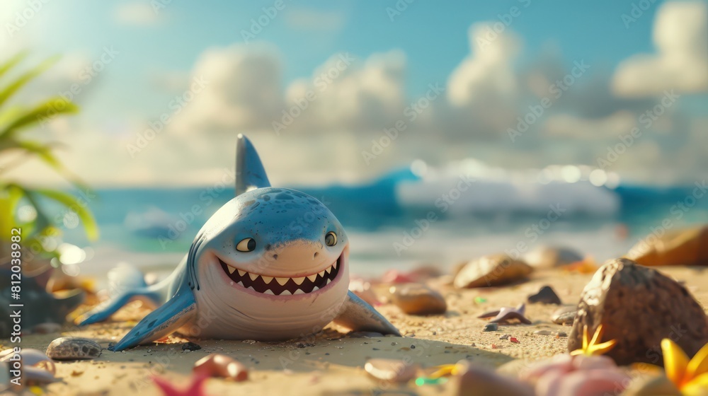 Cute character Shark relaxing on the beach Stock Illustration | Adobe Stock