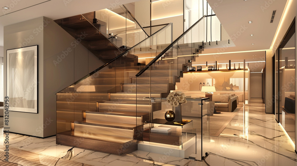 Modern luxury staircase with glass balusters and rich wooden treads ...