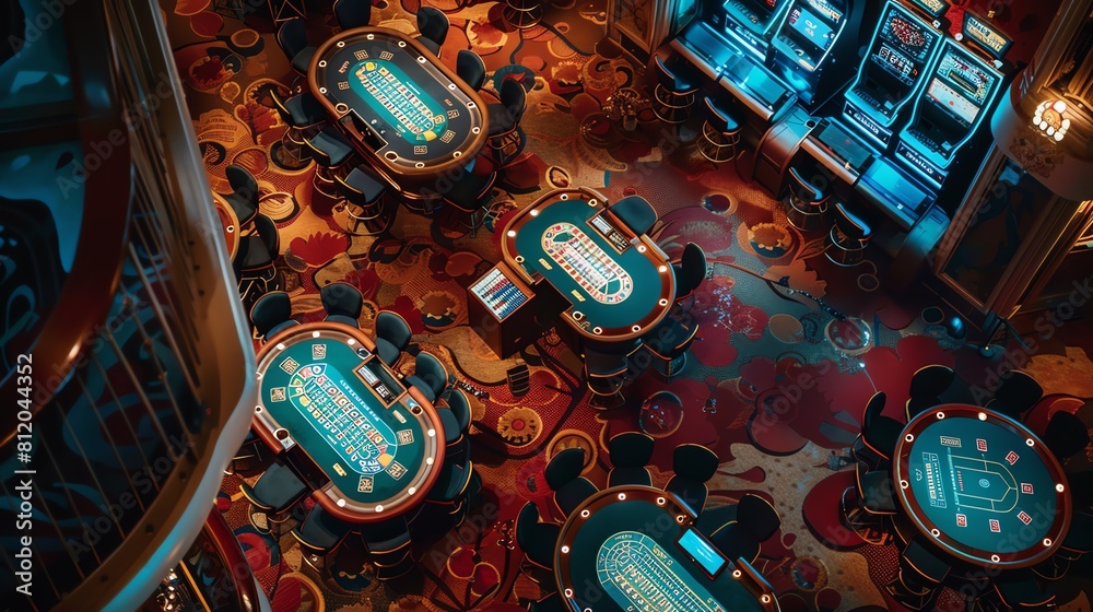 An overhead view of a casino floor showing the layout of gaming tables ...