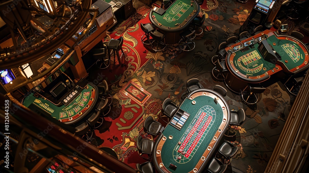 An overhead view of a casino floor showing the layout of gaming tables ...