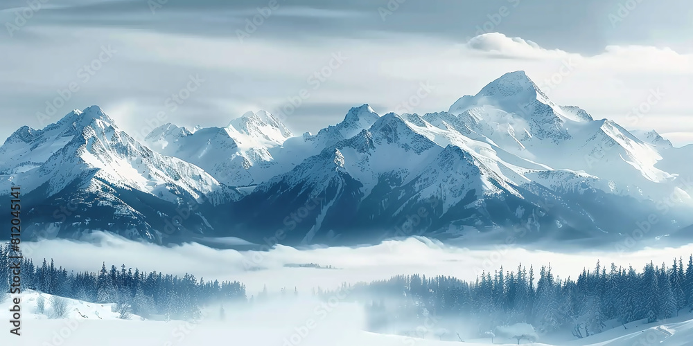 watercolor illustration of snowy mountain range, cold blue color ...