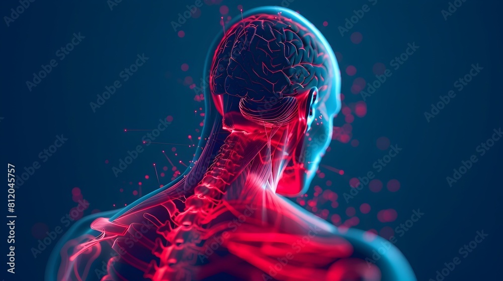 Anatomical of Back Muscle Injury with Red and Blue Tones Highlighting ...