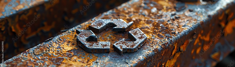 close up of rusted metal recycling symbol on steel beam bar, macro ...