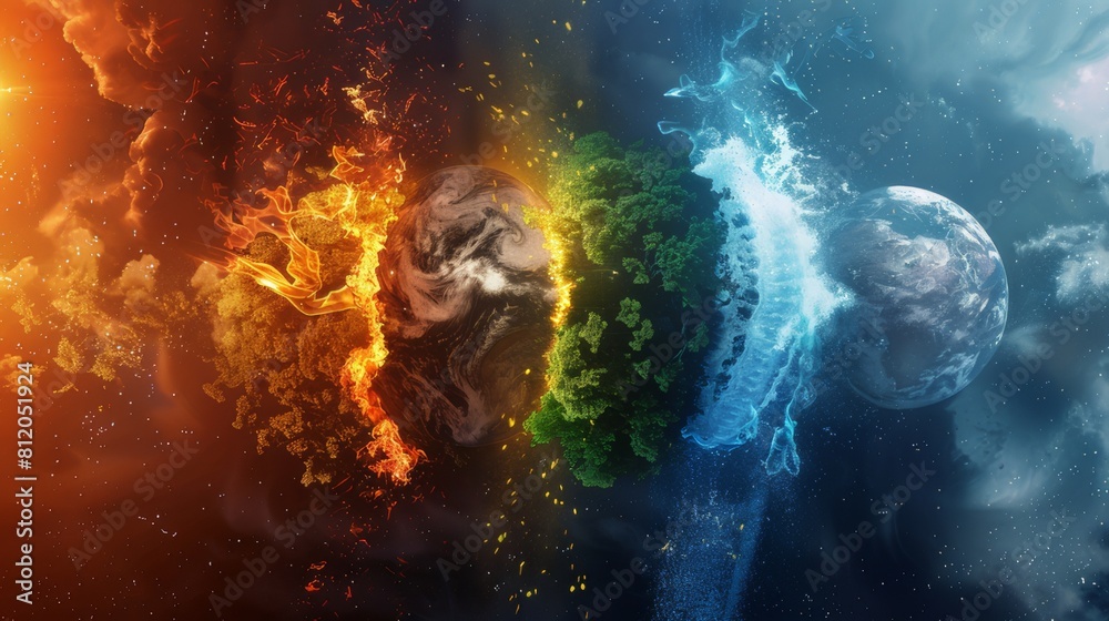 Matter. The five fundamental elements of nature: Water, Fire, Earth ...