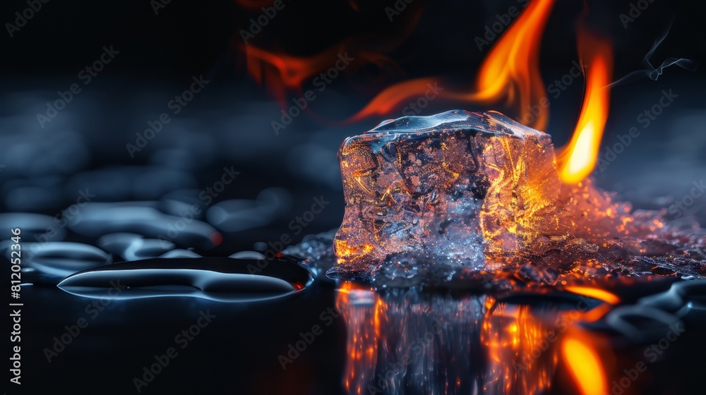 Ice cubes, Ice, behind which there is a fire, flame, on a black ...