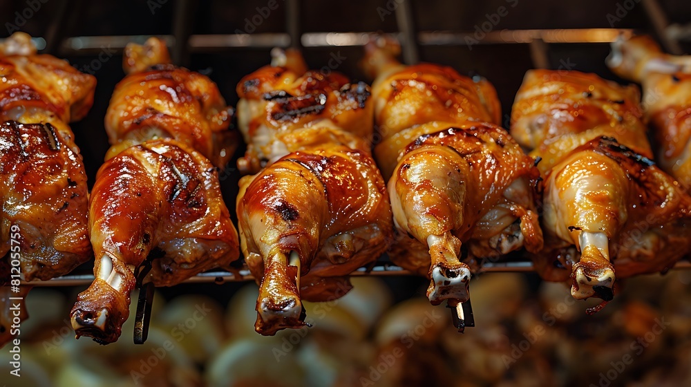 Delicious golden brown rotisserie chickens turn on spit tasty grilled ...