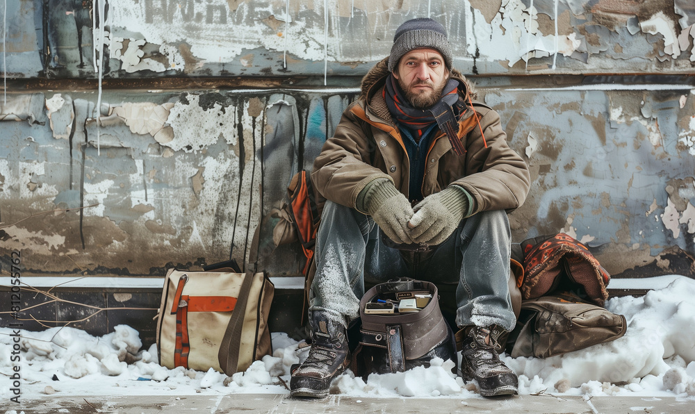 A homeless man sits by an old, forgotten wall, suffering in silence and ...