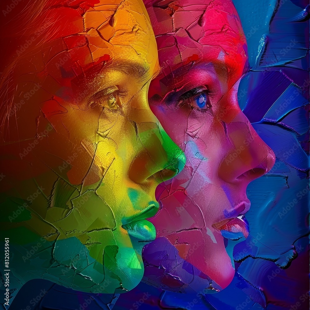Artistic depiction of two faces with vibrant, multicolored textures ...