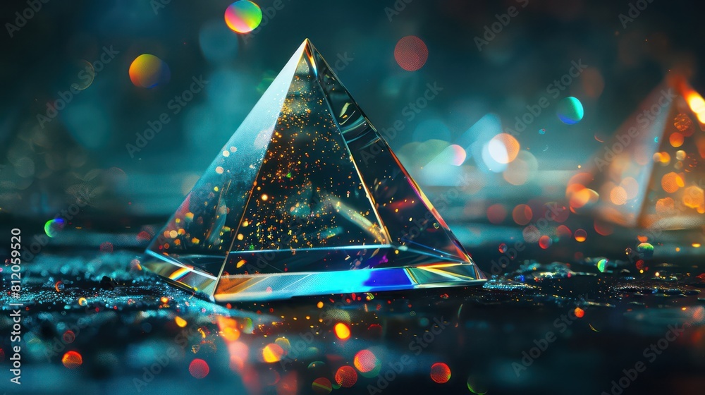 Glass prism triangle on dark background, light dispersion captured ...