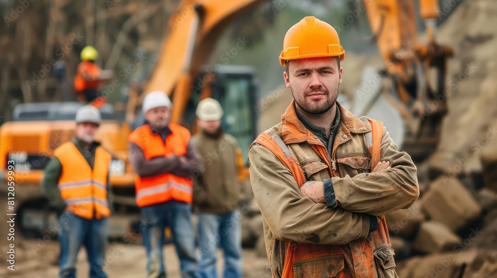 Group portrait of construction workers with background of excavation ...