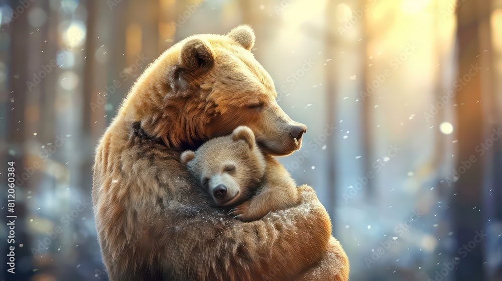 Hyper realistic super cute mama bear hugging baby bear. Happy mother's ...