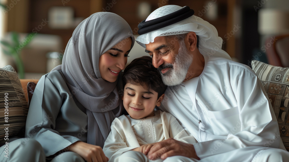 Old emirati grandfather with his daughter and grandson sharing a warm ...