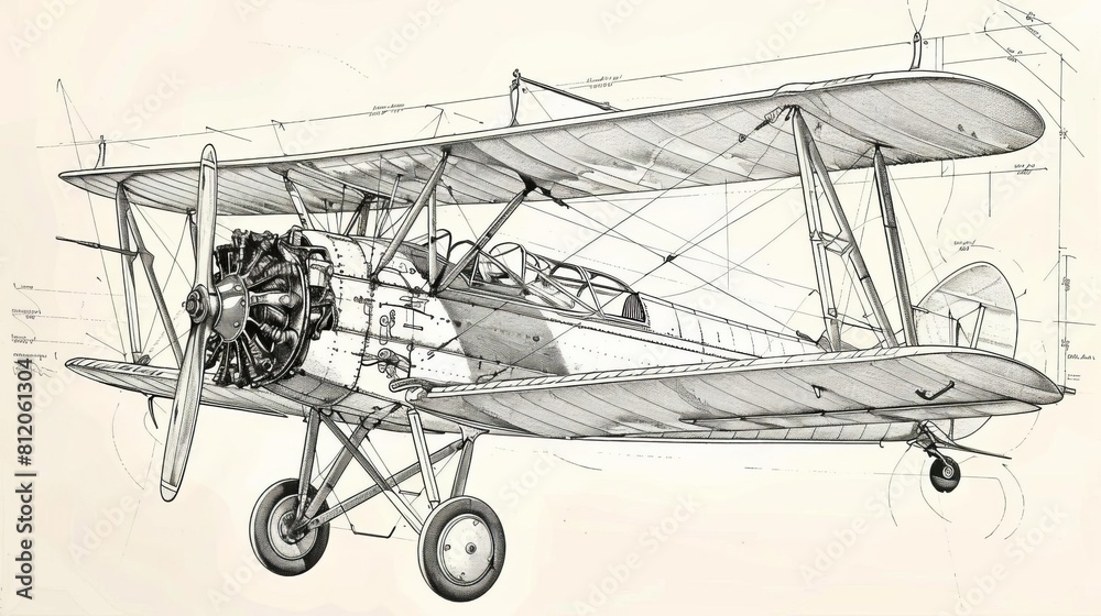 A technical drawing of a vintage biplane, showcasing the wing riggings ...