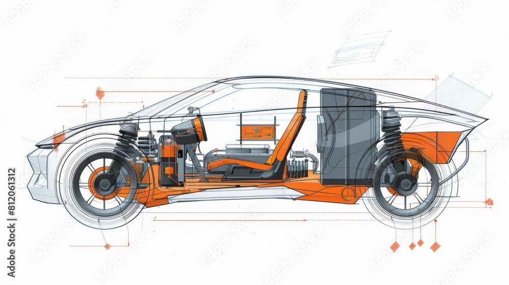 A technical drawing of an electric vehicle EV showing the battery ...