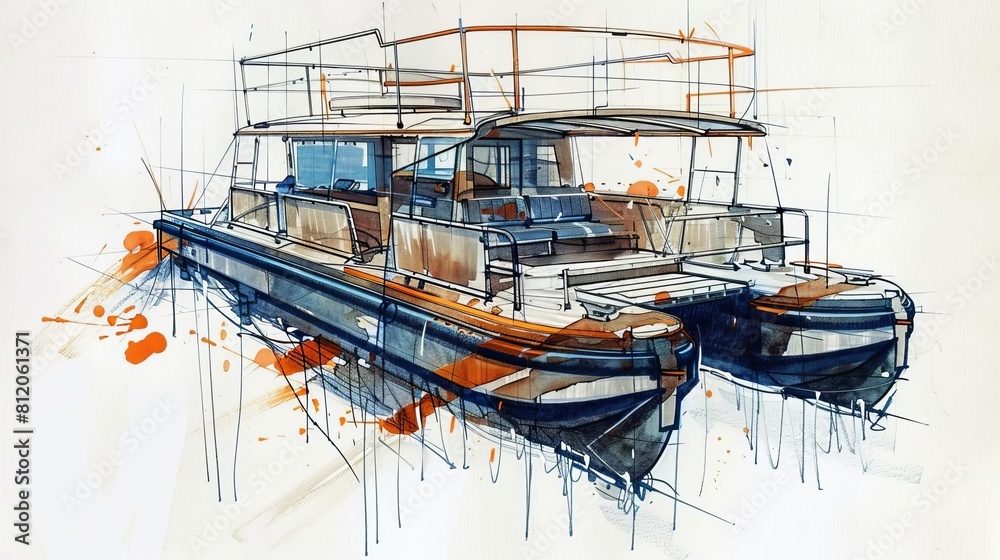 A technical sketch of a pontoon boat, showing the flotation tubes and ...