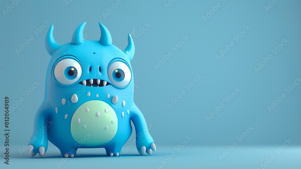 Cute blue monster 3D render. The monster has big eyes, a friendly smile ...