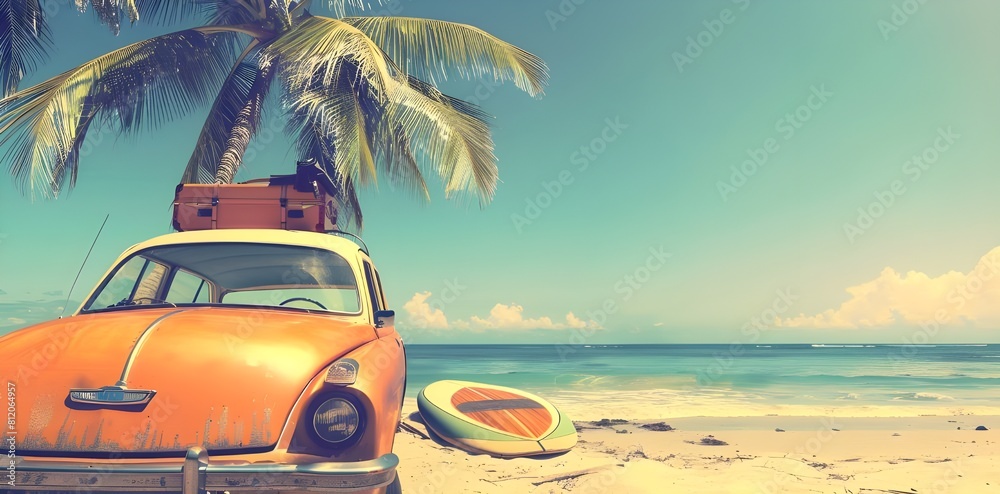 Vintage car with summer accessories and palm tree on beautiful tropical ...