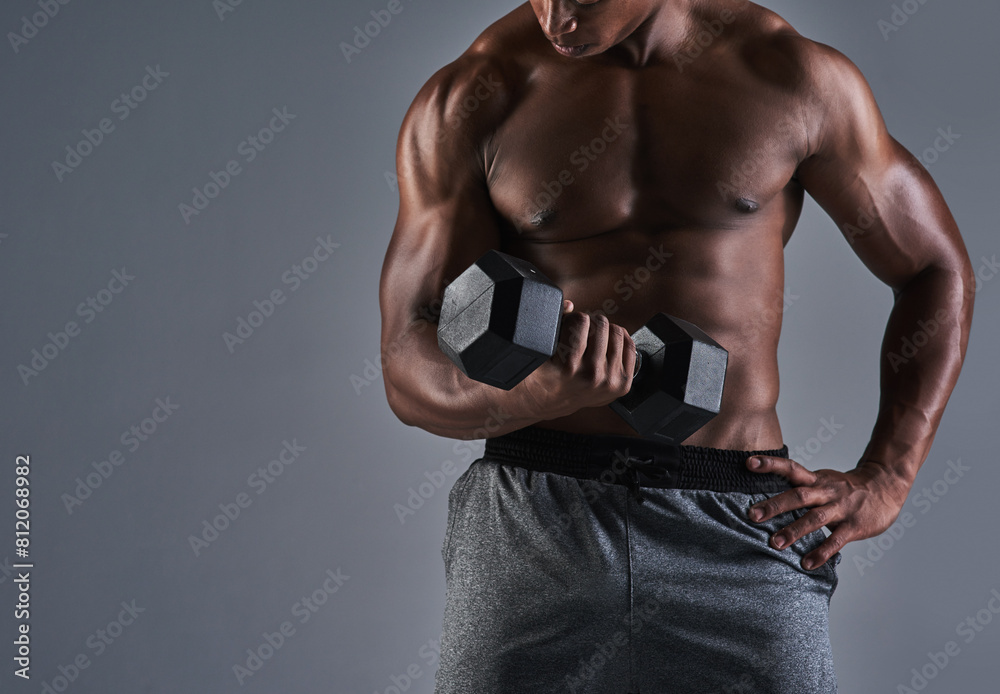 Fitness, black man and arm weights with trainer, muscle and strong with ...