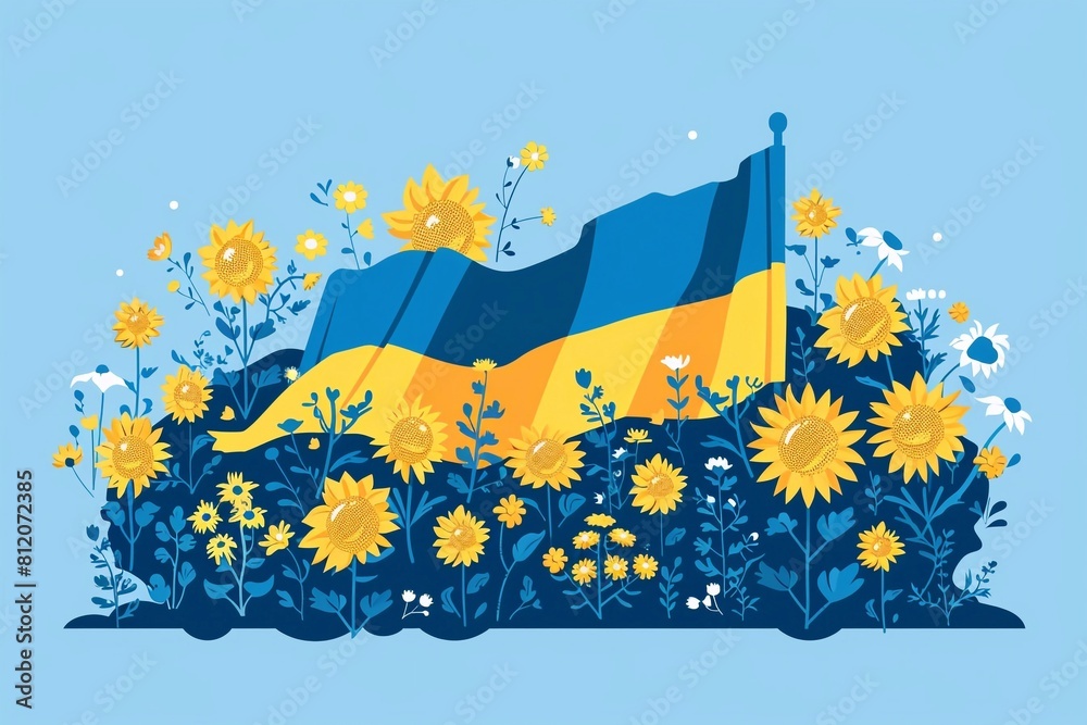 The vector image shows the Ukrainian flag and a map of Ukraine ...