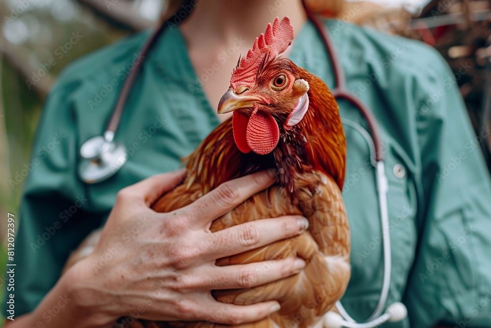 Veterinarian with stethoscope holding and examining chicken on ranch ...