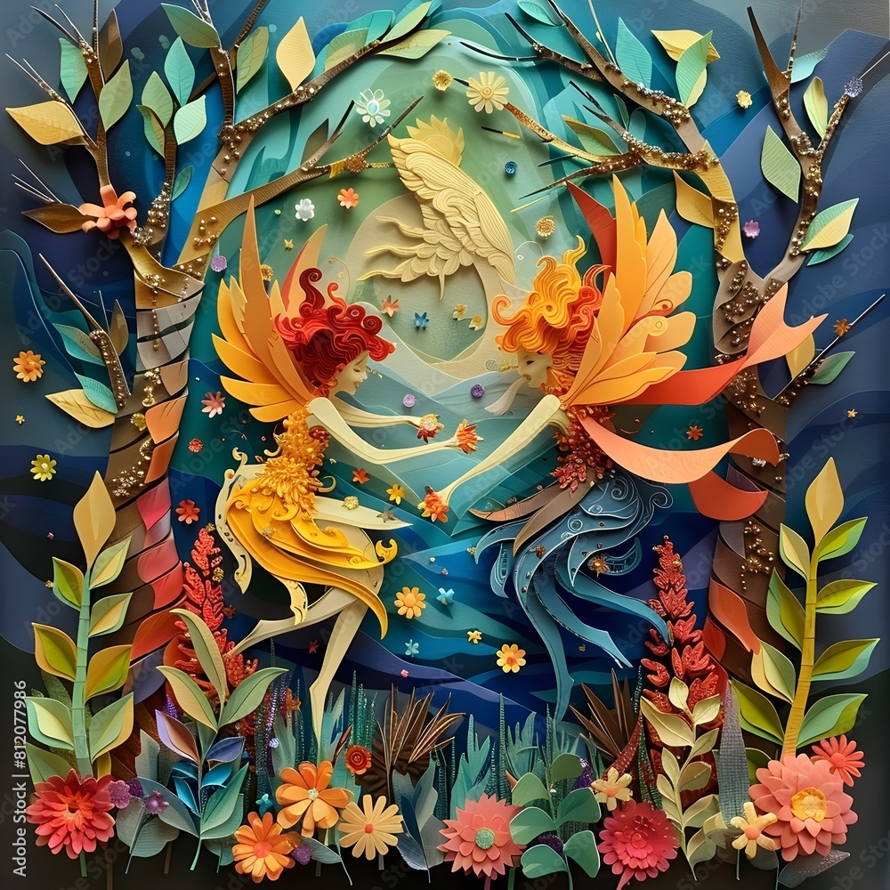 Layered Paper Art Joyful Woodland Sprites in a Harmonious Festival of ...