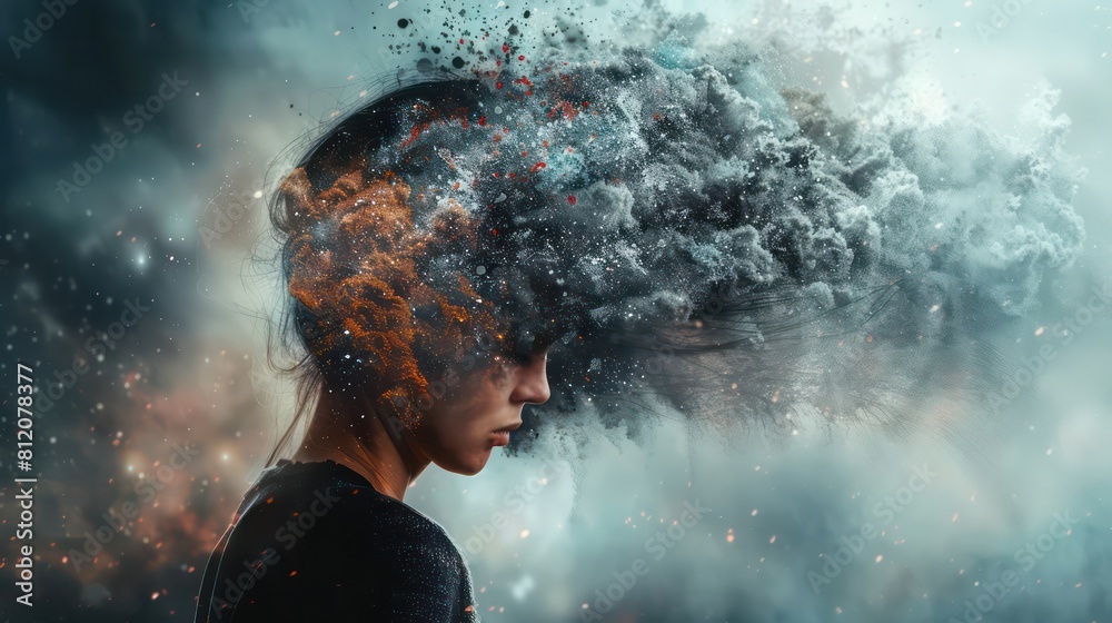 Visual representation of a woman with her head disintegrating ...