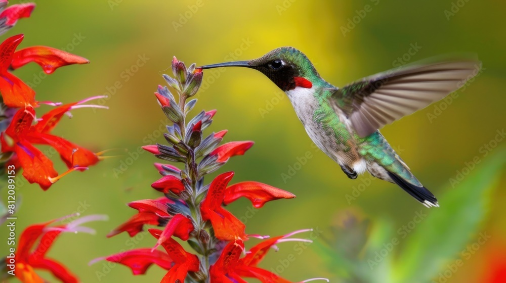 Ruby-Throated Hummingbird Feeding on Lobelia Cardinalis Flower in ...