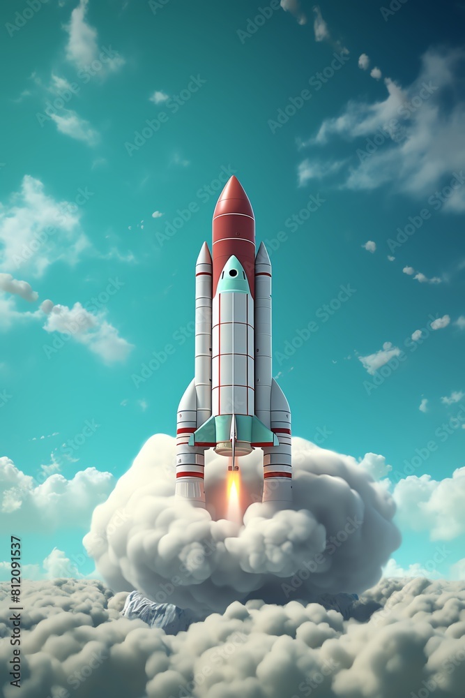 A rocket ship is launching from a cloud of smoke. The sky is blue and ...