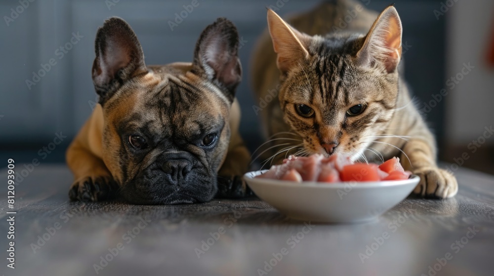 A French Bulldog and an Abyssinian cat together feasting on a mix of ...