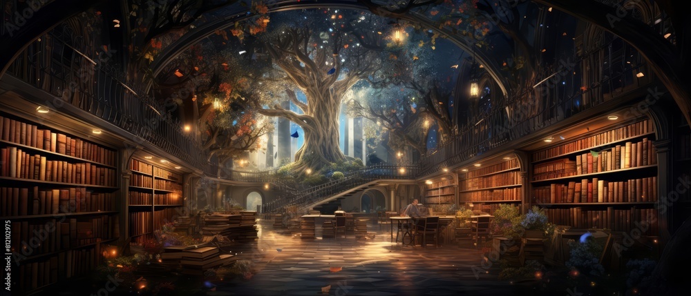 Visualize a quiet library where books come to life and converse with ...